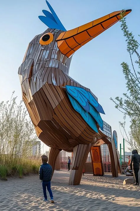 Whimsical play area featuring a colossal bird structure, playful and ...