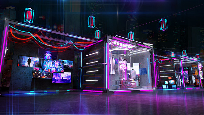 3D Cyberpunk neon runway 赛博朋克 走秀 11.11 双十一 电商-花瓣网