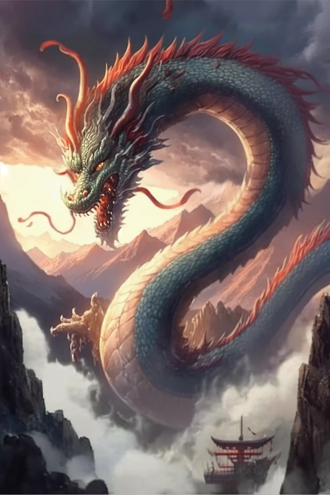 beautiful painting of Huge mythical beast Eastern Chinese QingLong ...