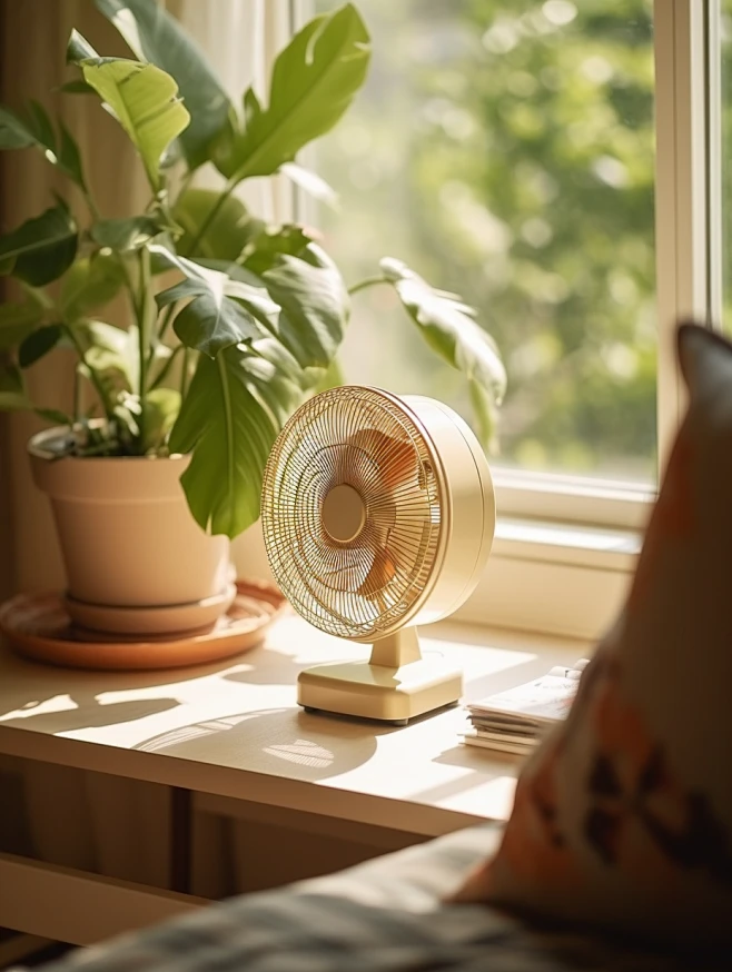 Commercial photography, natural light, small desktop fan, retro look ...