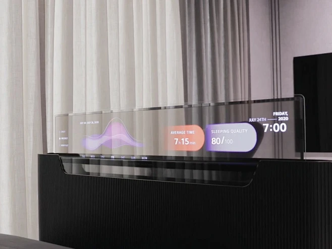 LG Display Transparent OLED TV concept rolls up from the foot of a bed-花瓣网