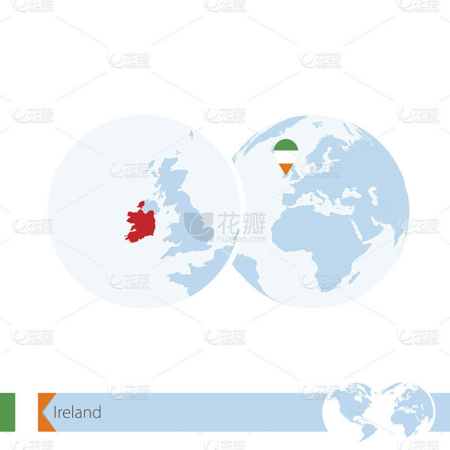 爱尔兰在世界上的旗帜和爱尔兰地区地图。