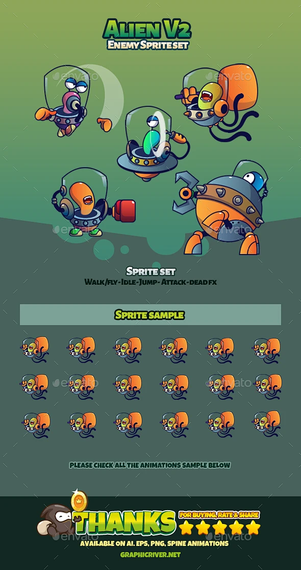 外星人V2 -精灵游戏资产Alien V2 - Sprites Game Assets外星人,完整的敌人,敌人角色,游戏,游戏平台角色,边滚动 ...