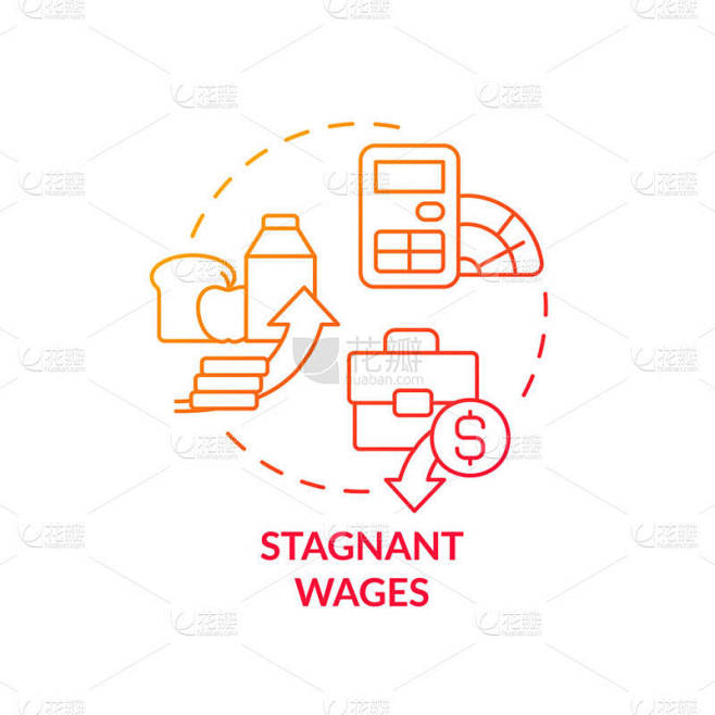 滞期工资红色梯度概念图标.收入不平等。物价上涨。低收入。8.生活费。经济危机抽象概念的细线说明.孤立