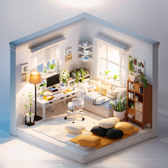 剖面房间卧室厨房3D小房间模型 (41)