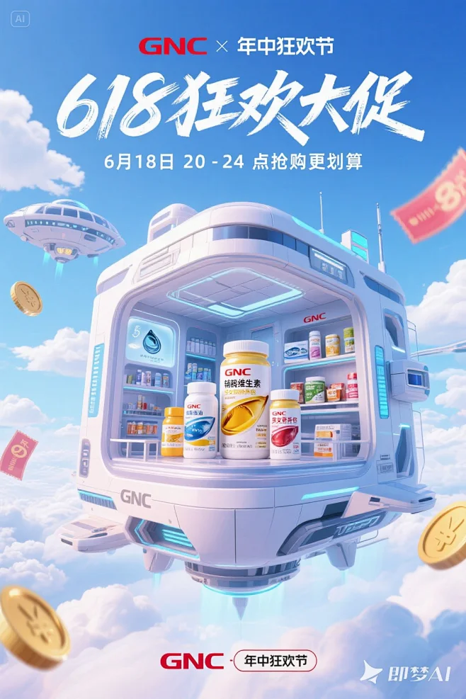 jimeng-2025-05-26-54-这是一张GNC保健品品牌天猫618电商促销海报。构建一个未来感的创意空中飞船的建筑，外观和内部空间融入GNC品牌保健品（鱼油，辅酶，维生素，男女营养包 ...