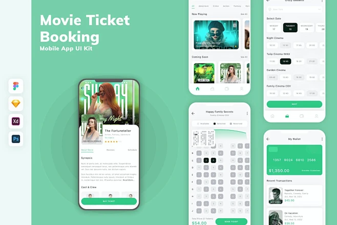 电影票预订移动应用 App UI Kit (FIG,PSD,SKETCH,XD)图片_UI 素材图片素材-花瓣网