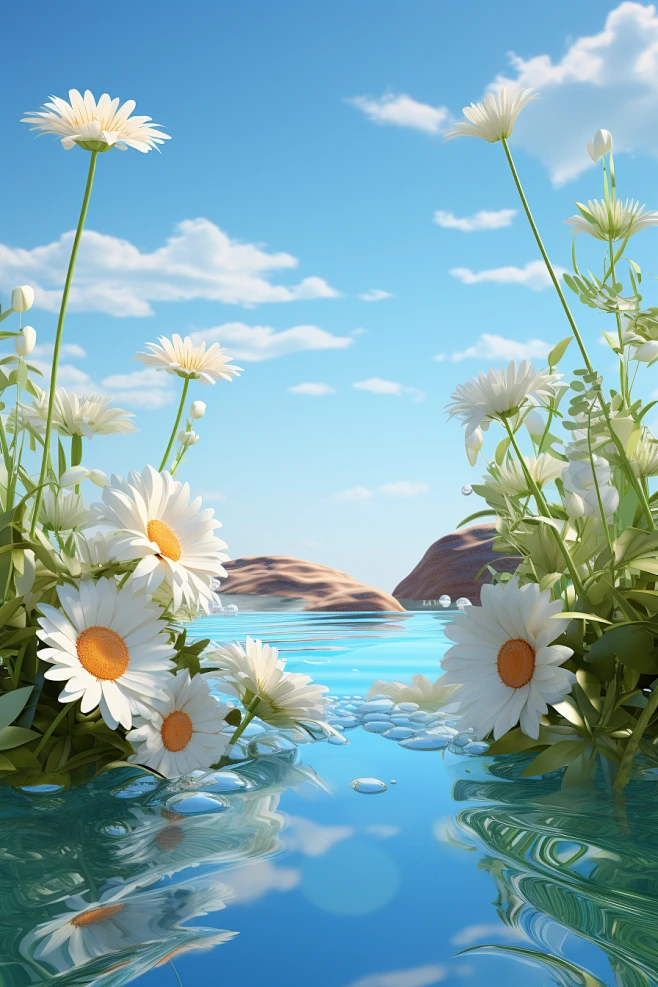 a wide-angle view ， glass,flowers，a blue sky，white clouds. 3d rendering ...