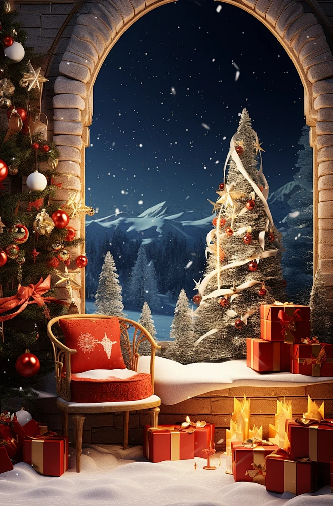 Christmas room christmas scene, in the style of vibrant stage backdrops ...