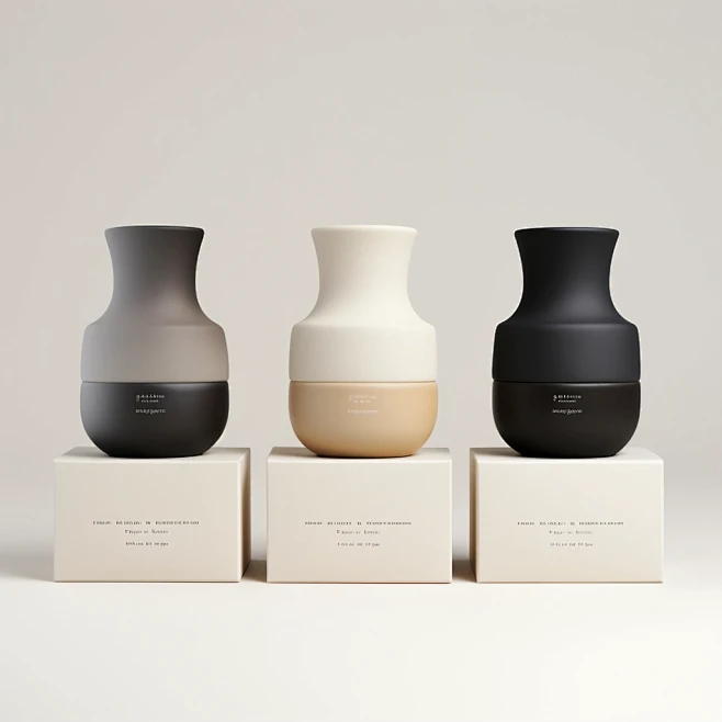 Design liquid foundation packaging,three colored vases sit on a surface ...