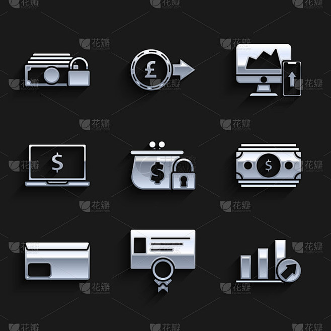 Set Closed wallet with lock, chart, diagram, infog