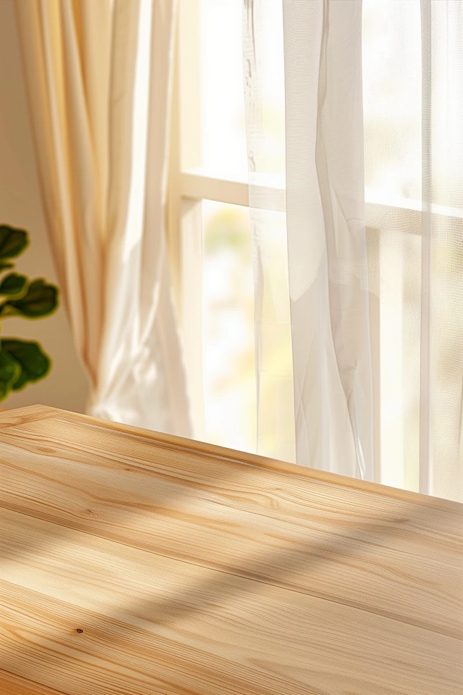 A wooden tabletop, next to the window, curtains are white gauze, warm ...