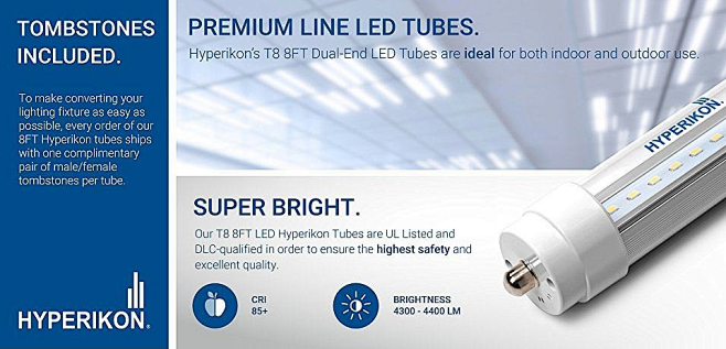 Hyperikon T8/T10/T12 LED Light Tube, 8FT, UL, 36W (75W equivalent), 5000K (Crystal White Glow ...