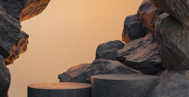 黑色几何石头和岩石形状的背景，舞台展示或展示的极简模型，3d渲染。图片-花瓣网