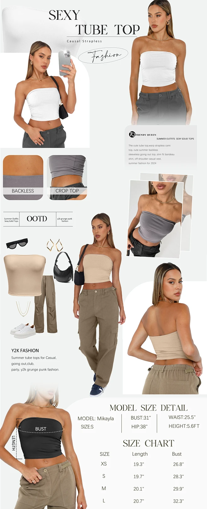 Trendy Queen 时尚女王女式抹胸上衣无肩带露脐上衣-花瓣网