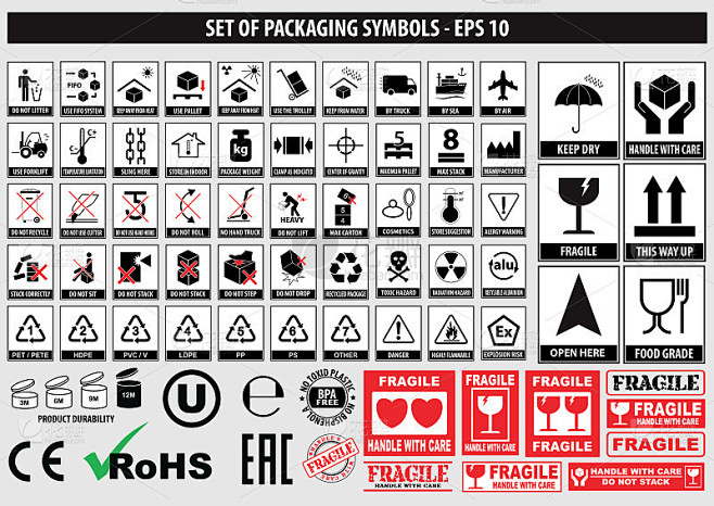 套包装标志，FCC,ROHS，餐具，塑料，易碎标志，纸板