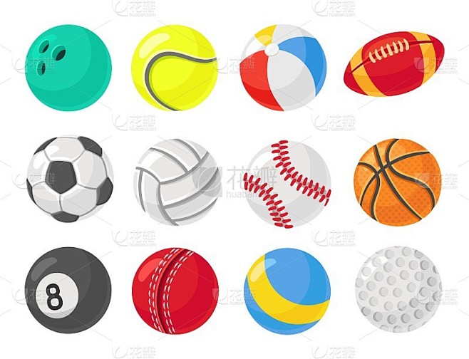 卡通球运动。平不同的球，运动器材。网球、手球、足球和篮球工具。孤立训练整洁的矢量图标