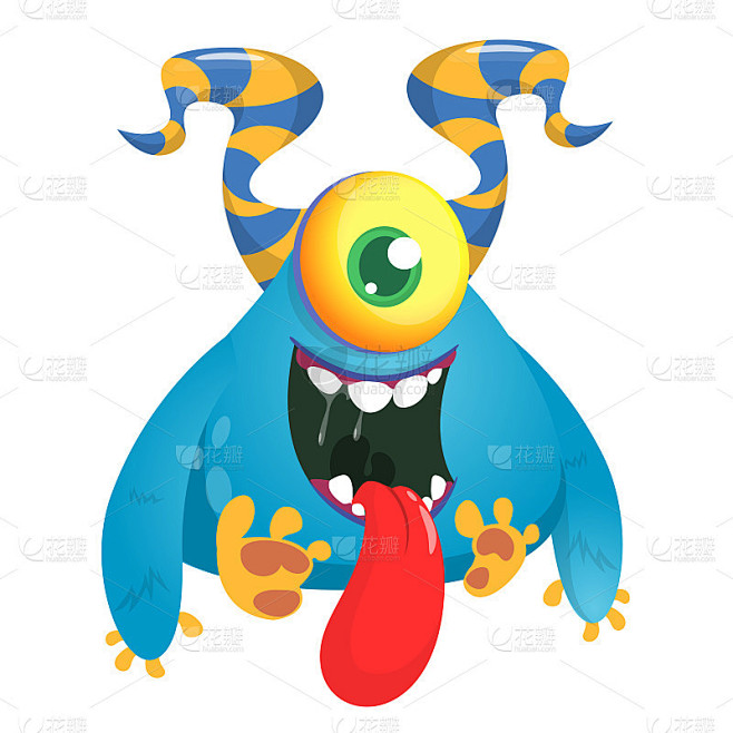 Cute cartoon monster with horns and one eye. Smil