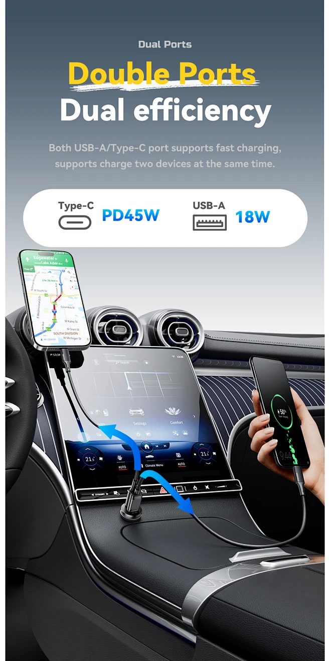 Essager 45W Car Charger Fast Charging Dual Port PD QC3.0 Type-C Quick ...