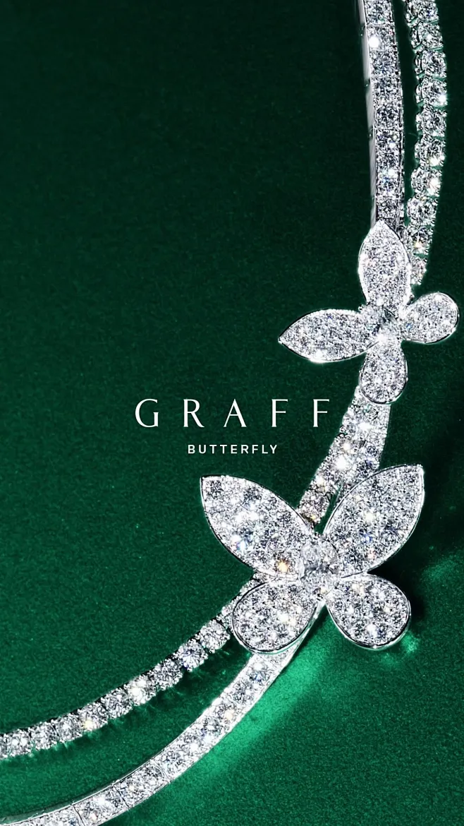 This may contain: a diamond necklace on a green surface with the word ...