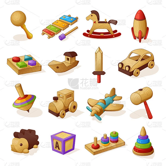 收集儿童木制玩具矢量平面插图玩具儿童娱乐和教育素材-花瓣网