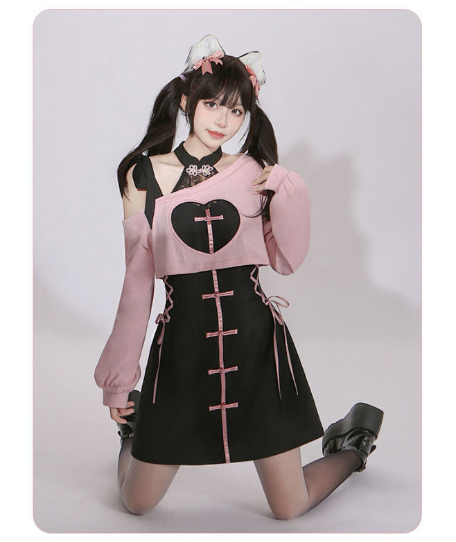 【To Alice】熊之原创甜亚中华娘新中式y2k爱心镂空卫衣+挂脖旗袍-淘宝网