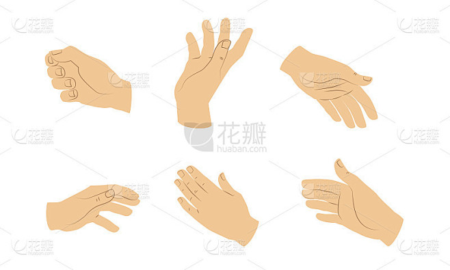 A set of 6 hands of a man with a line nails.