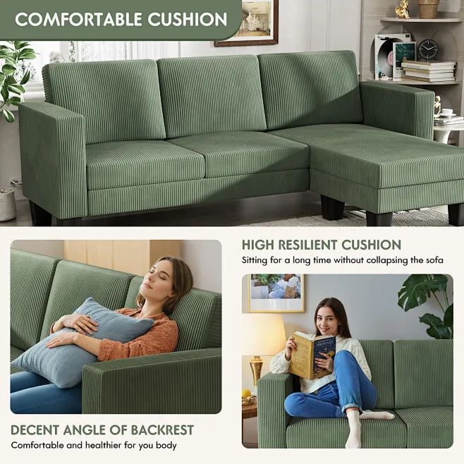Amazon.com: YESHOMY L-Shaped Convertible Sectional Sofa 3 Seater with Corduroy Fabric, Complete ...