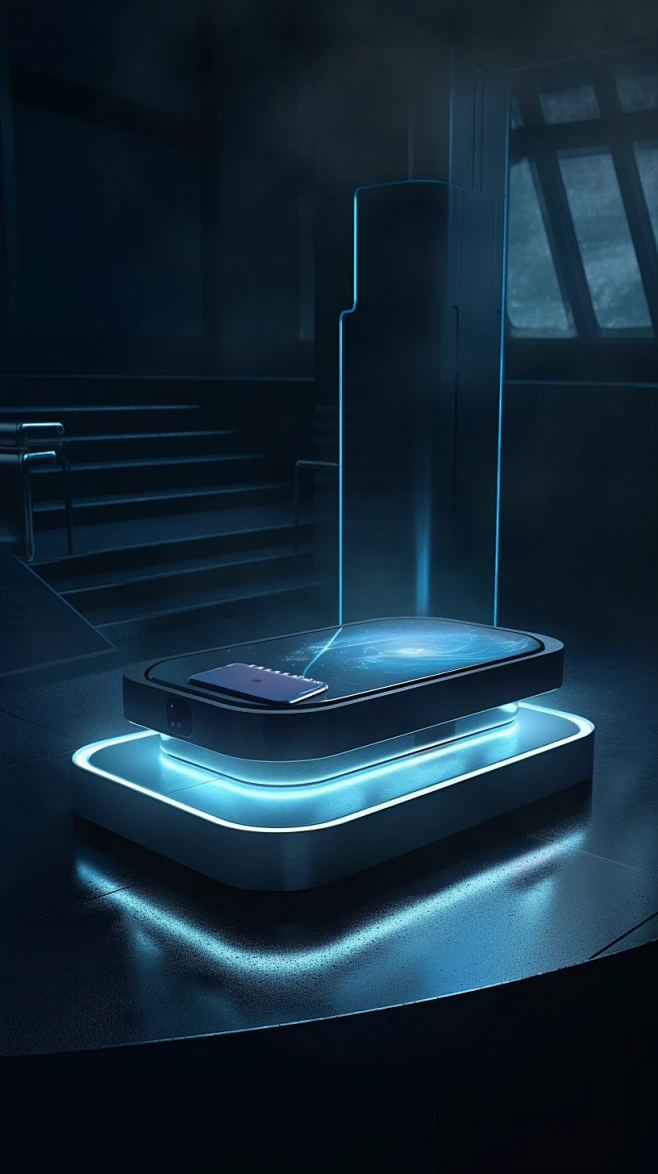 helloworld_A_futuristic_blue_metal_stage_with_a_power_bank_on_i ...