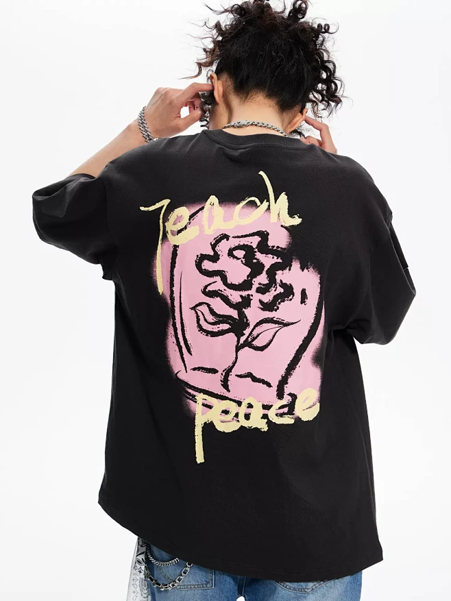 TEACH PEACE潮牌小王子花朵印花短袖女宽松模糊感街头涂鸦T恤男夏-淘宝网