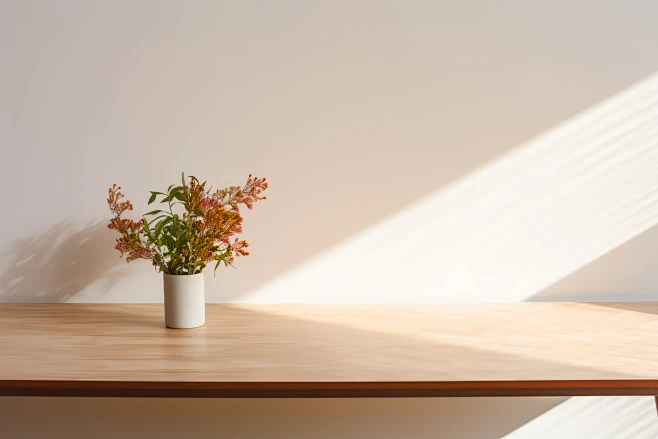 table-shadow-background-wooden-table-white-empty-wall-with-plant ...