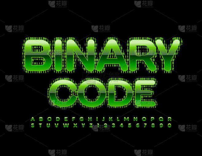 向量绿色二进制代码字体。技术风格的字母