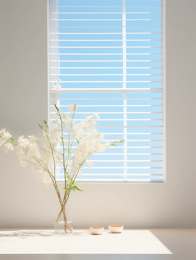 An empty window with plants and blinds, in the style of light white and ...