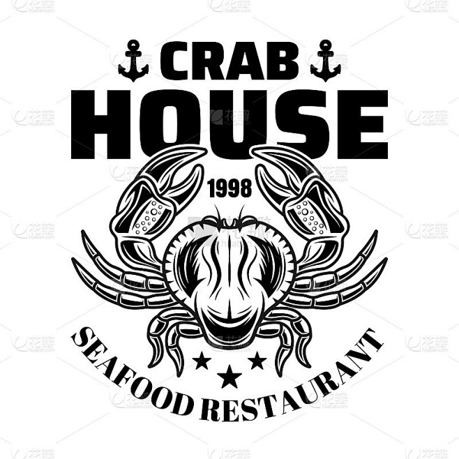 蟹屋餐厅菜单矢量排印徽章，徽章，标签或标志在复古单色风格孤立在白色背景