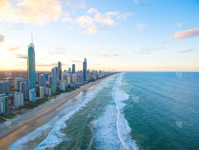 冲浪者天堂海滩,图像,航拍视角,黄金海岸,澳大利亚,热带气候,黄昏,现代,商业金融和工业,日落