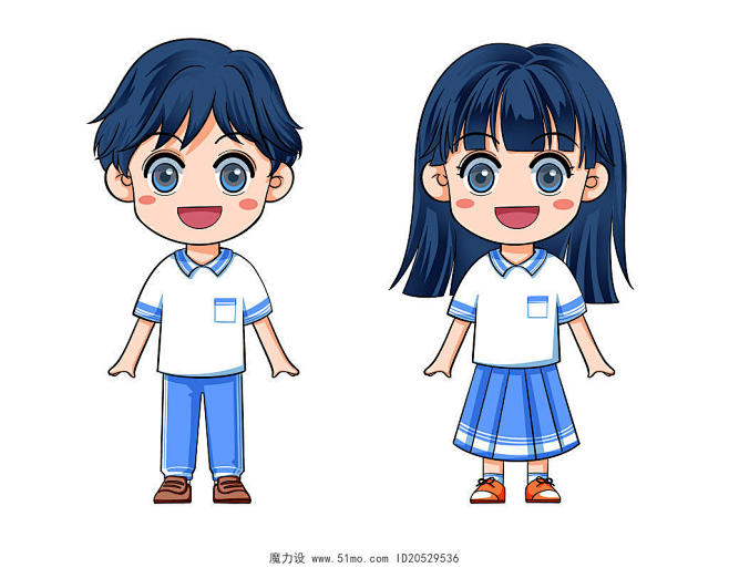 手绘卡通Q版校服男女学生人物元素图片素材