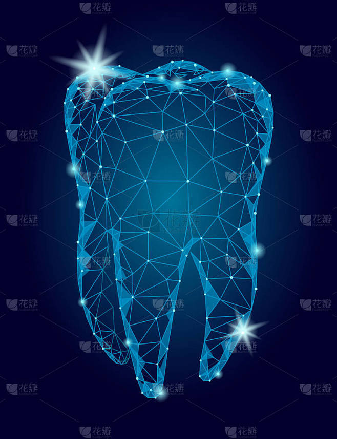 3d 模型的牙齿多边形结构标志。口腔医学符号低聚三角形抽象的口腔医疗护理业务概念。连接的点粒子闪光的