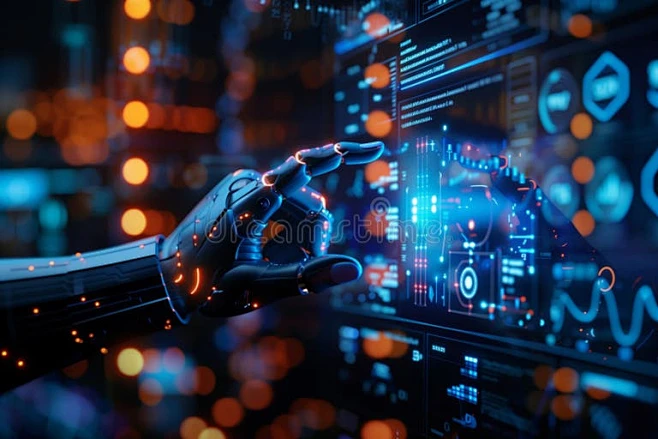 artificial inteligence in workplace. Hans of a robot touching screens ...