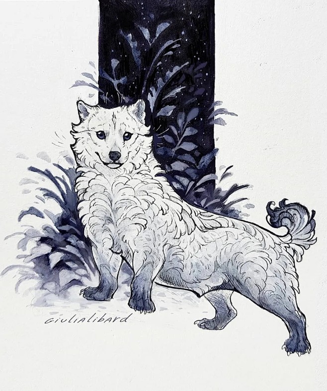 Giulialibard 作品的主题大多是猫狗狮虎等等动物，灵动飘逸的体态，还有对毛发的独特画法，给人软绵蓬松的感觉。