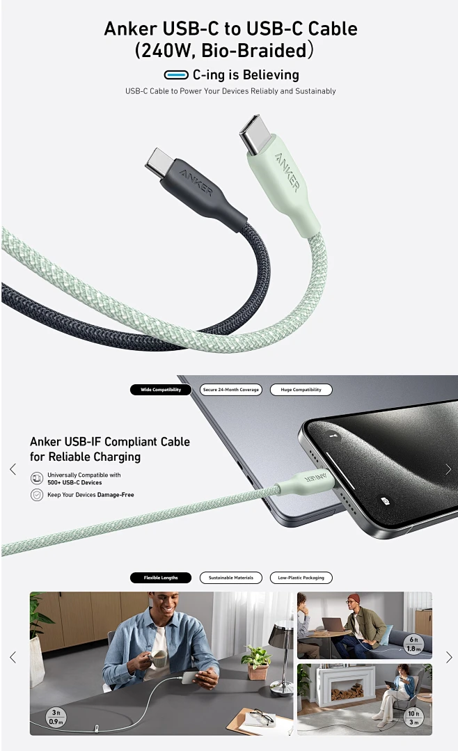 Amazon.com: Anker USB C to USB C Cable (240W, 3 ft), Bio-Braided USB C ...