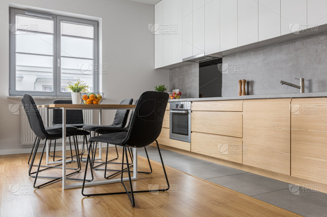 现代,桌子,厨房,门板,炊具,新的,水平画幅,墙,无人,椅子