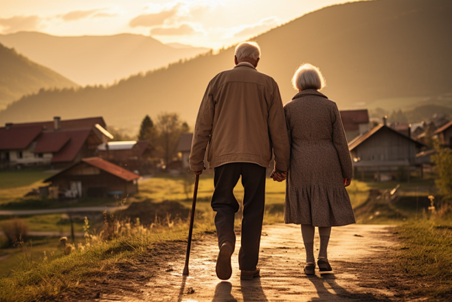 夕阳乡村老年人夫妻伴侣老人背影摄影图