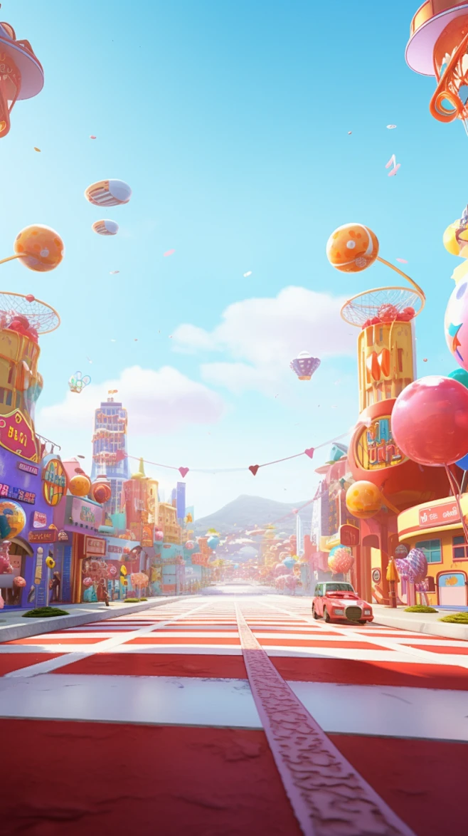 Cities, amusement parks, roads, sunlight, close-up, Bubble Mart style ...