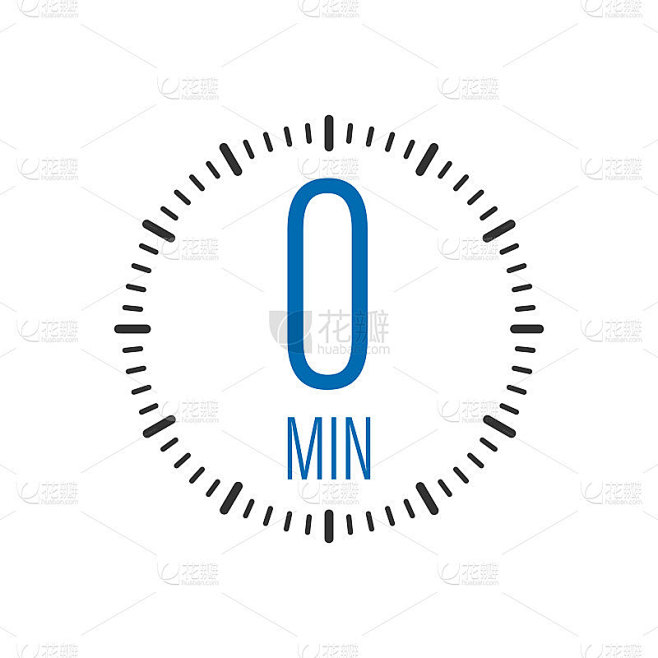 0分钟，秒表矢量图标。秒表图标在平面风格，计时器在彩色背景上