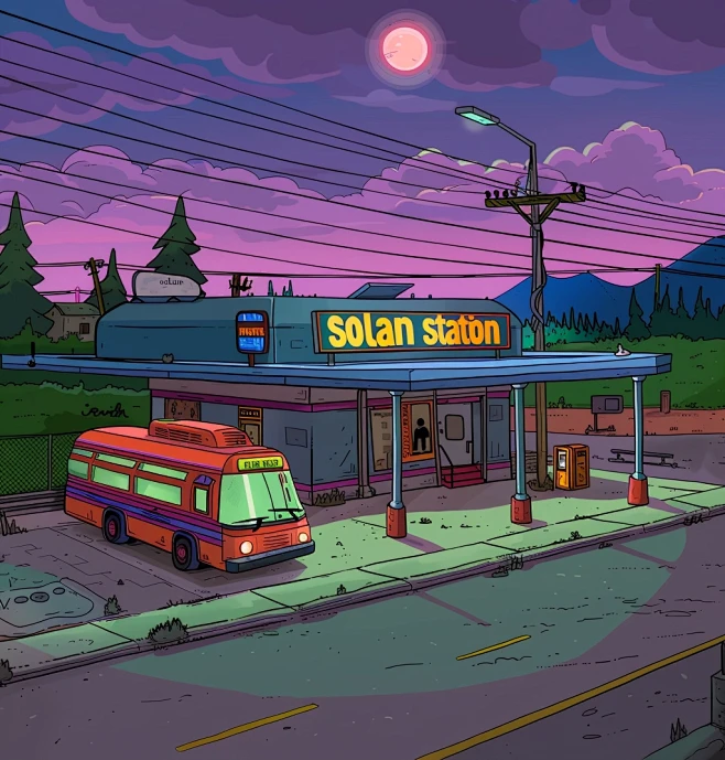 A cartoon bus station . a cartoon charactes. Text "solan meme station ...