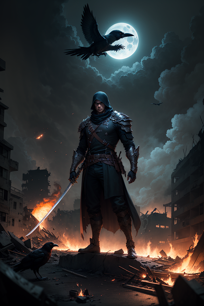 00982-2149199271-swordsman, sword, flames, destroyed buildings, crow ...