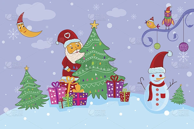 圣诞老人以礼物为背景，庆祝圣诞佳节快乐素材-花瓣网