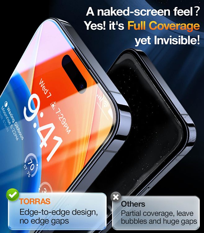 Amazon.com: TORRAS iPhone 15 Pro Max 屏幕保护膜[军用级保护] 9H 不易破损的防碎钢化玻璃适用于 iPhone 15 Pro Max 全覆盖 ...