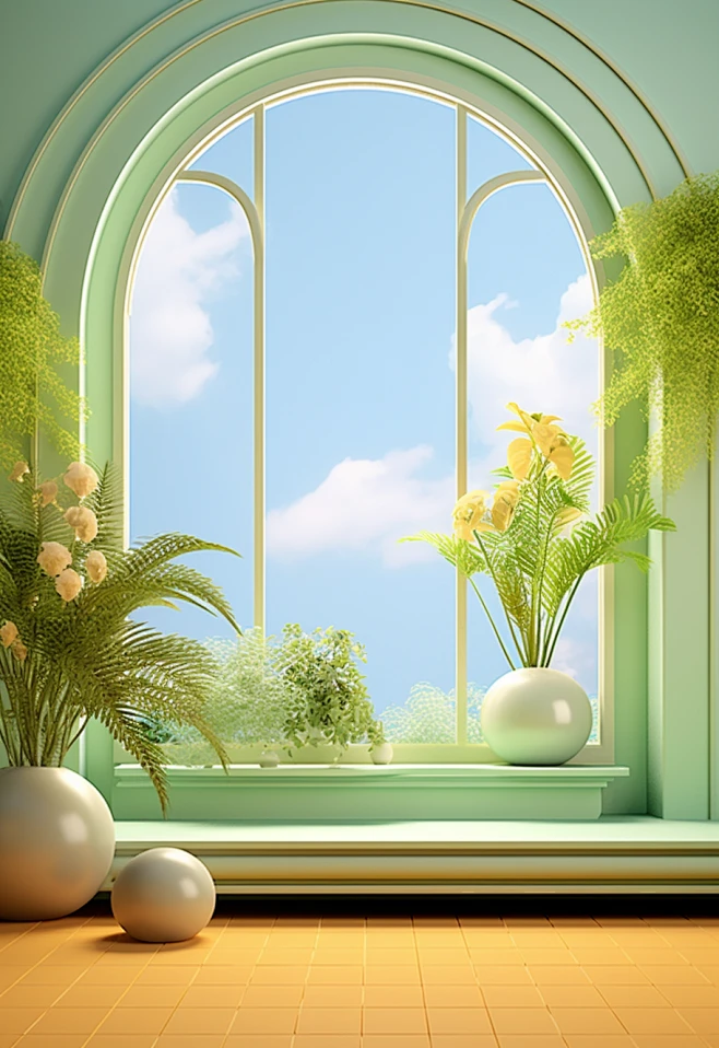an open green room with a window and plants, in the style of rococo ...