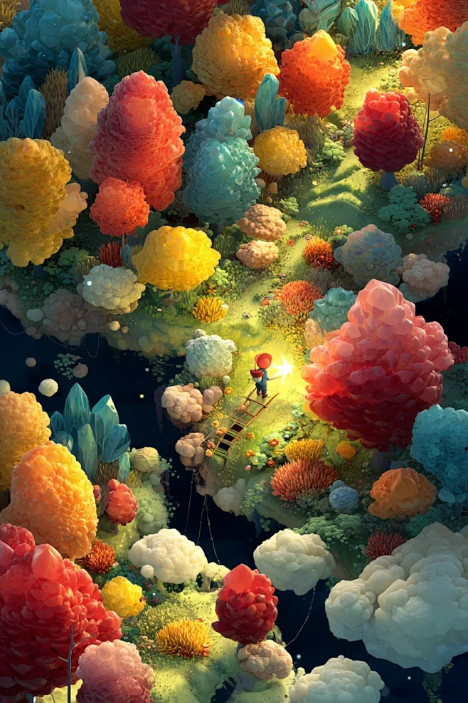 a glowing organism blooming on a rainbow-colored soil, semi-transparent ...